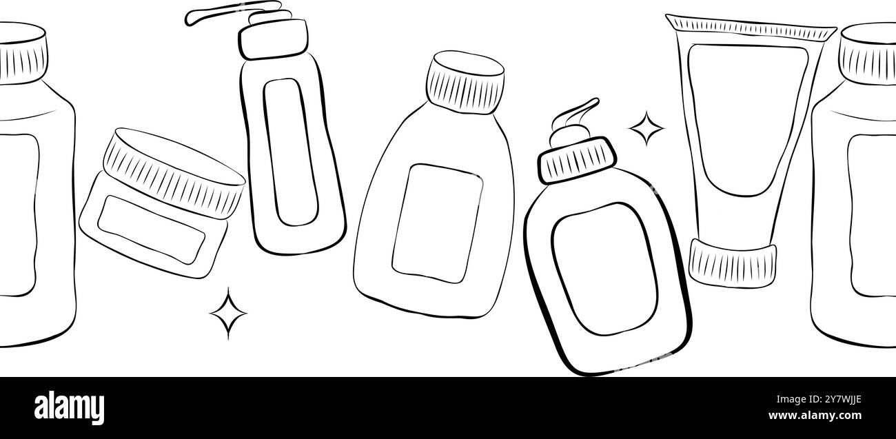Vector seamless pattern of different outline bottles, tubes, flacons ...