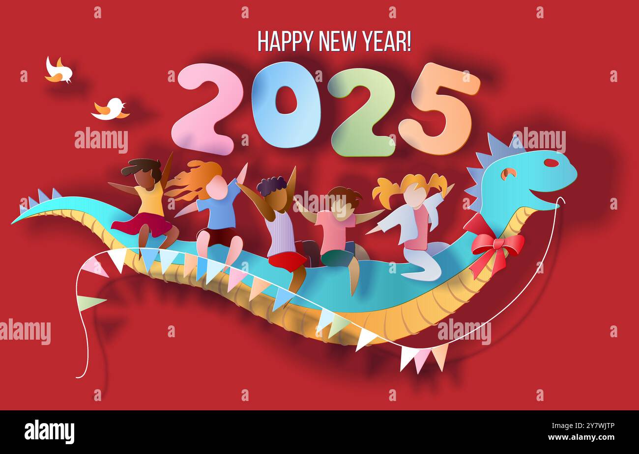 2025 New Year design card with kids flying on snake on red background ...