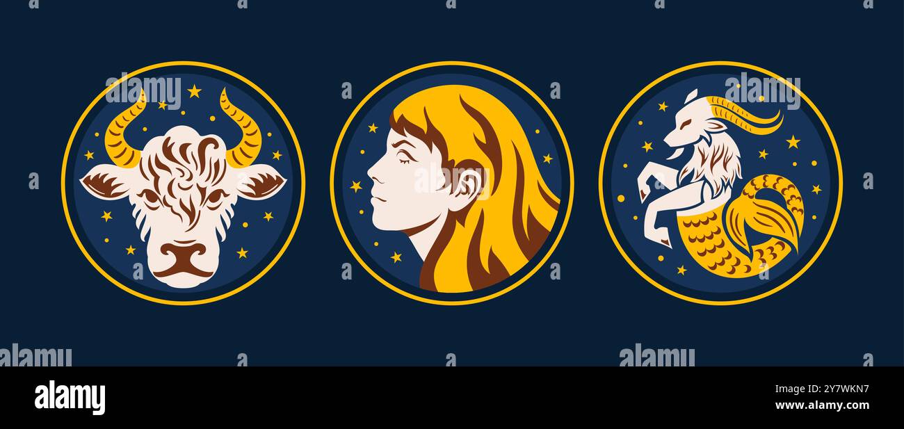 Stylized zodiac signs featuring of Zodiac Signs Taurus, Virgo, and ...