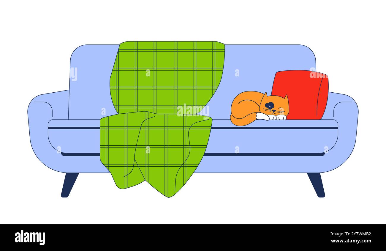 Blanket covered couch cozy with sleeping cat near pillow 2D cartoon ...