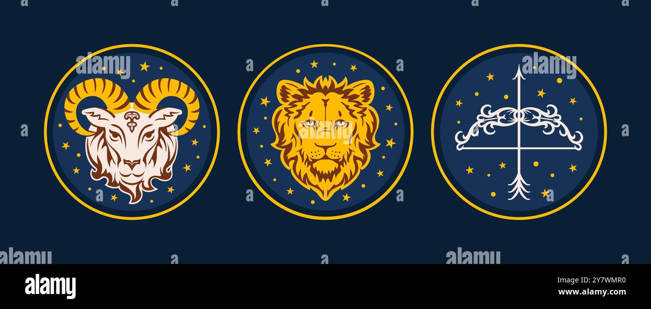 Stylized zodiac signs featuring Aries, Leo, and other celestial designs ...