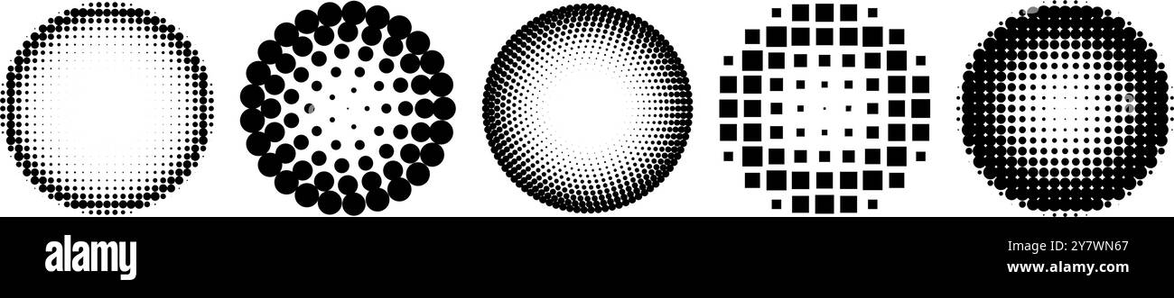 A series of abstract black and white dot patterns in varying formations ...