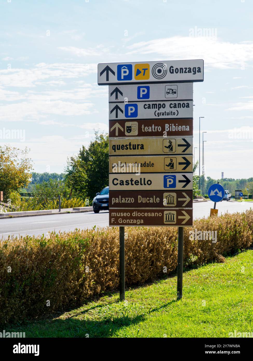 Mantua, Italy September 30th 2024 A roadside sign indicating the ...