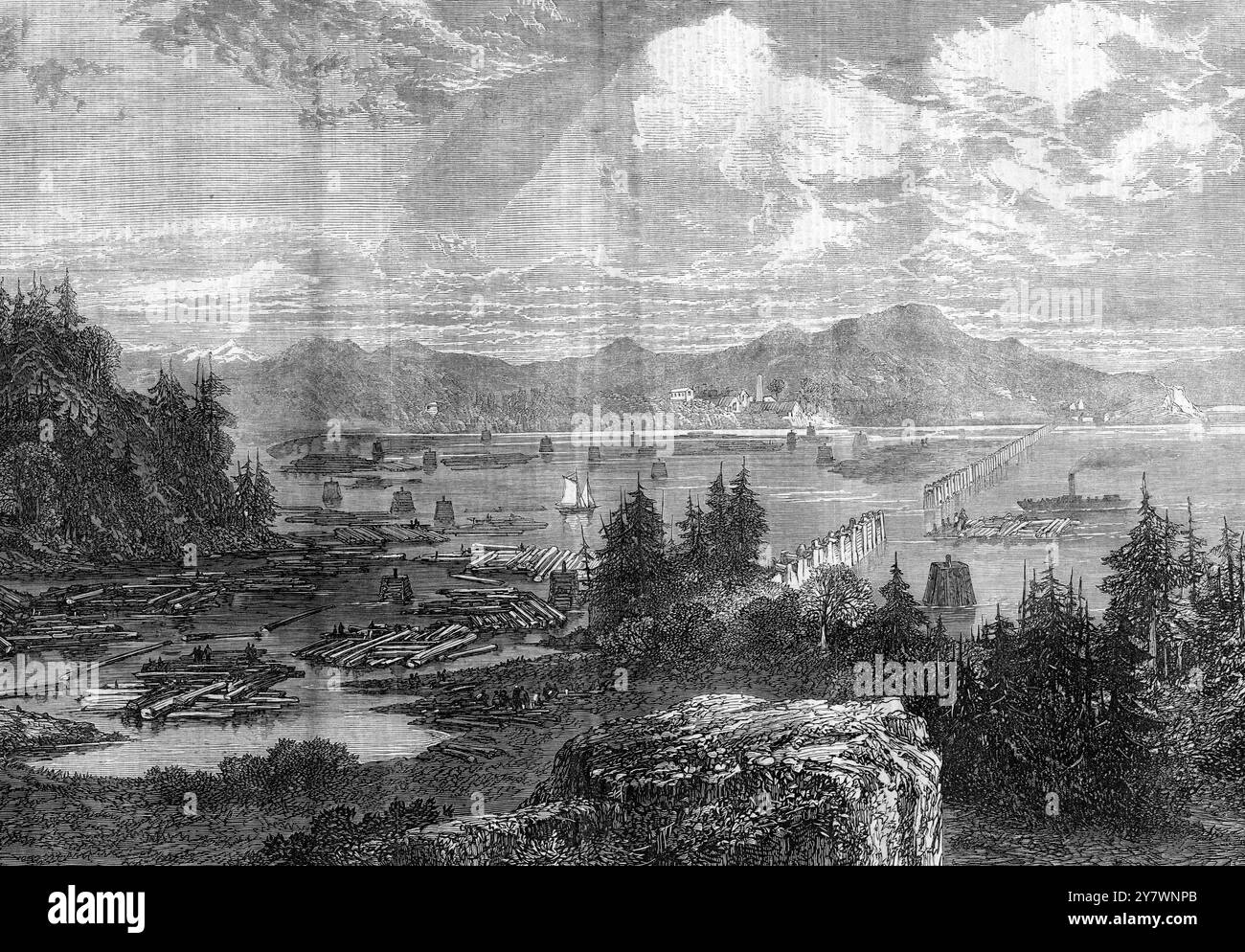 Timber booms on the St John River , New Brunswick . 7 April 1866 Stock ...