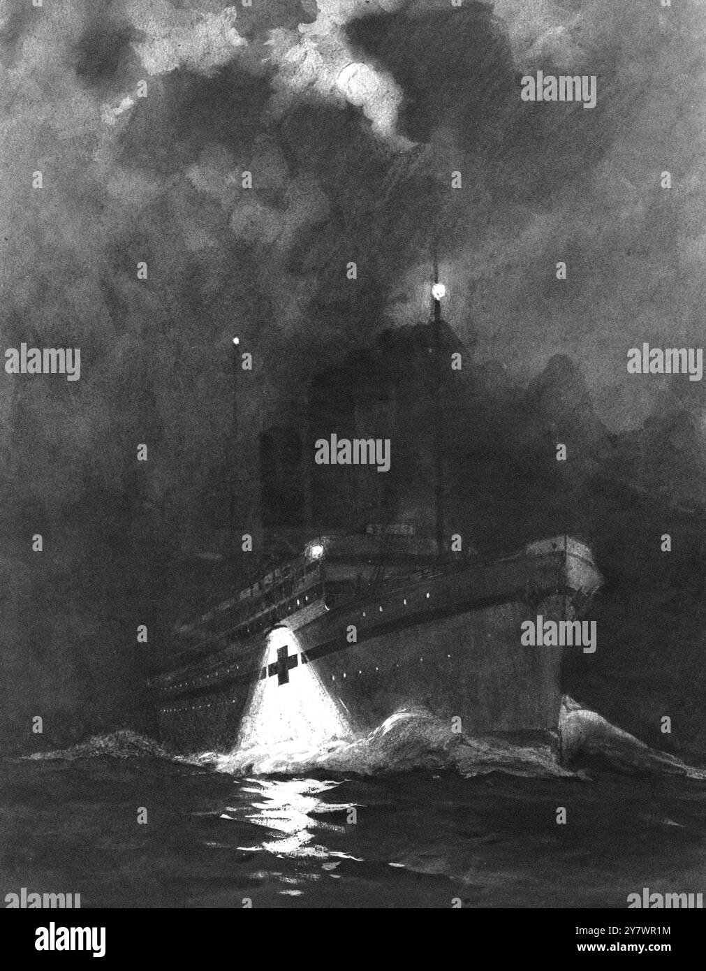 The Red Cross ship at sea by night 1914 World War I Hospital Ship Stock ...