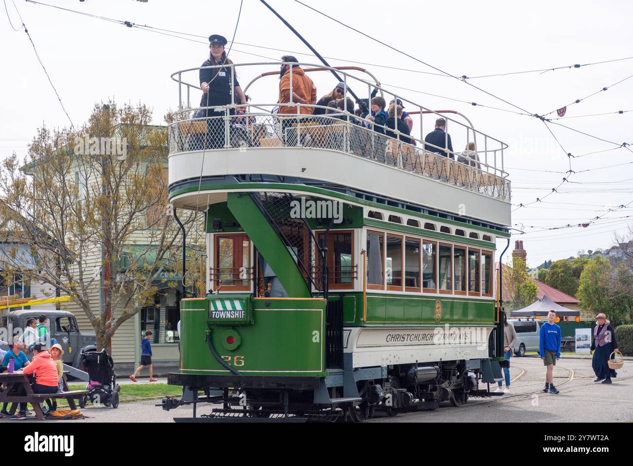 Vintage Christchurch Tramways open-top tram, Ferrymead Heritage Park ...