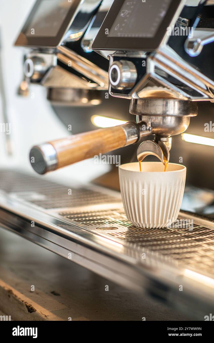 Coffee extraction from a professional coffee machine. Espresso machine ...