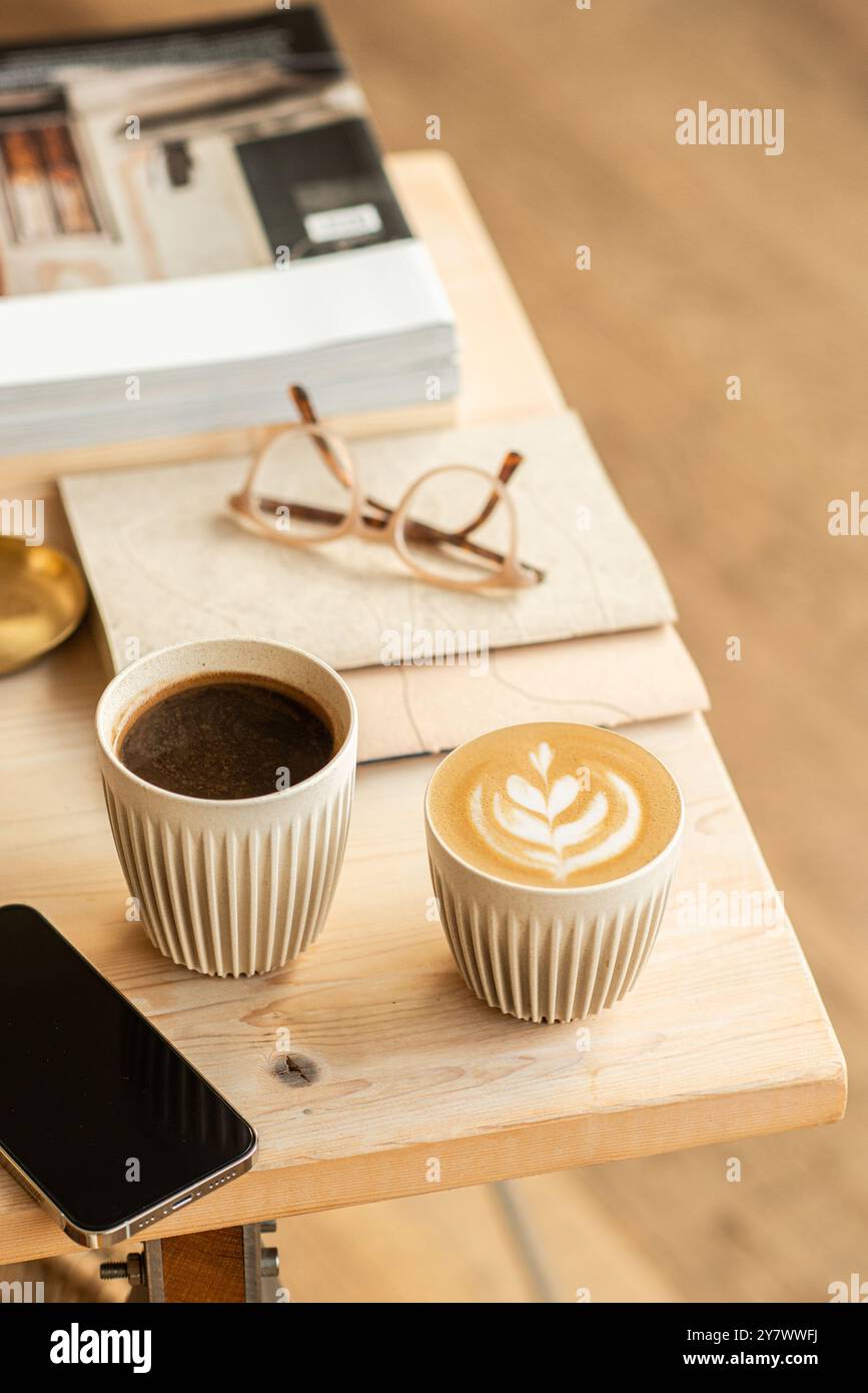 Cup of Cappuccino and expresso, with beautiful cream latte art, on ...