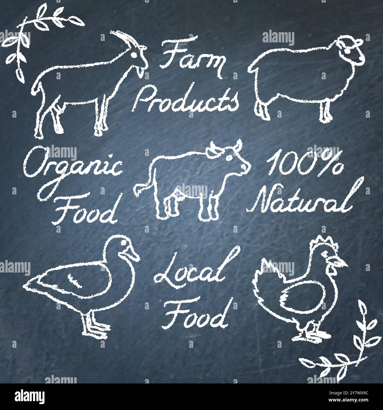 Collection of hand drawn farm animals icons and lettering on chalkboard ...