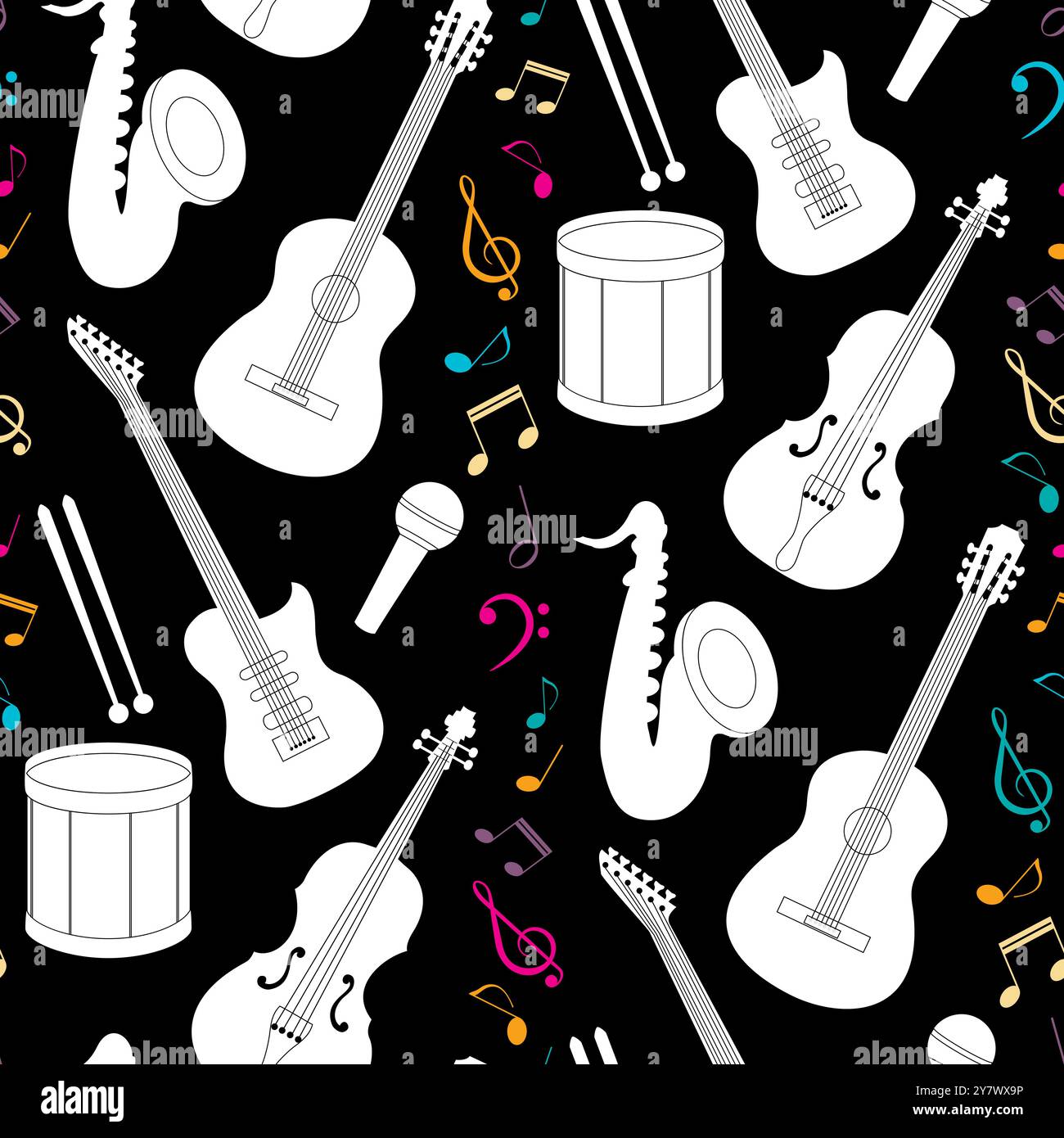 Vector seamless pattern with music instruments and notes. Musical ...