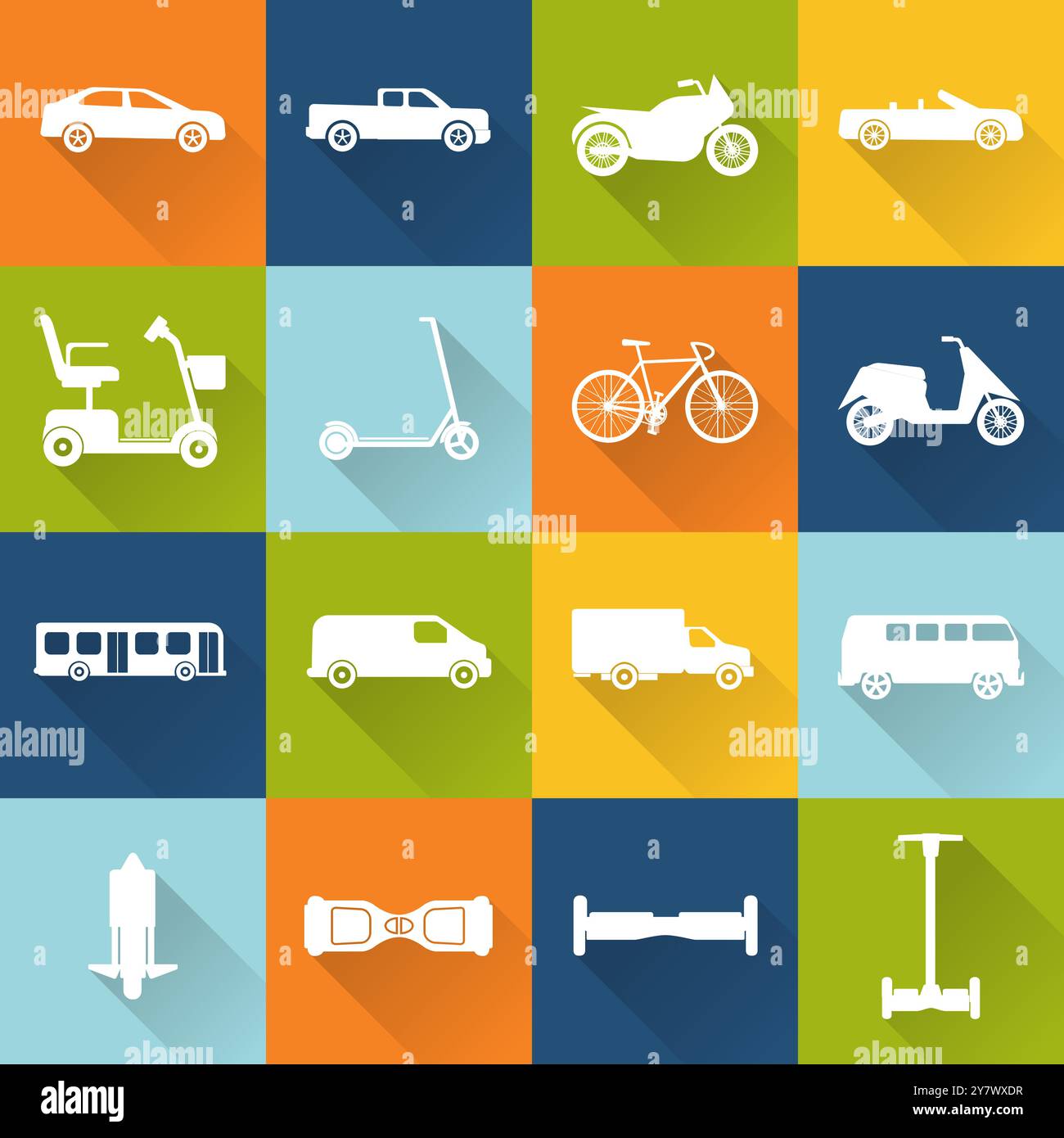Collection of different transport icons in flat style with long shadow ...