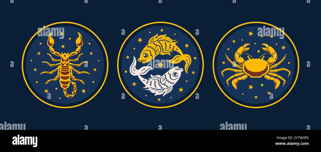 Artistic Illustrations of Zodiac Signs Scorpio, Pisces and Cancer with ...