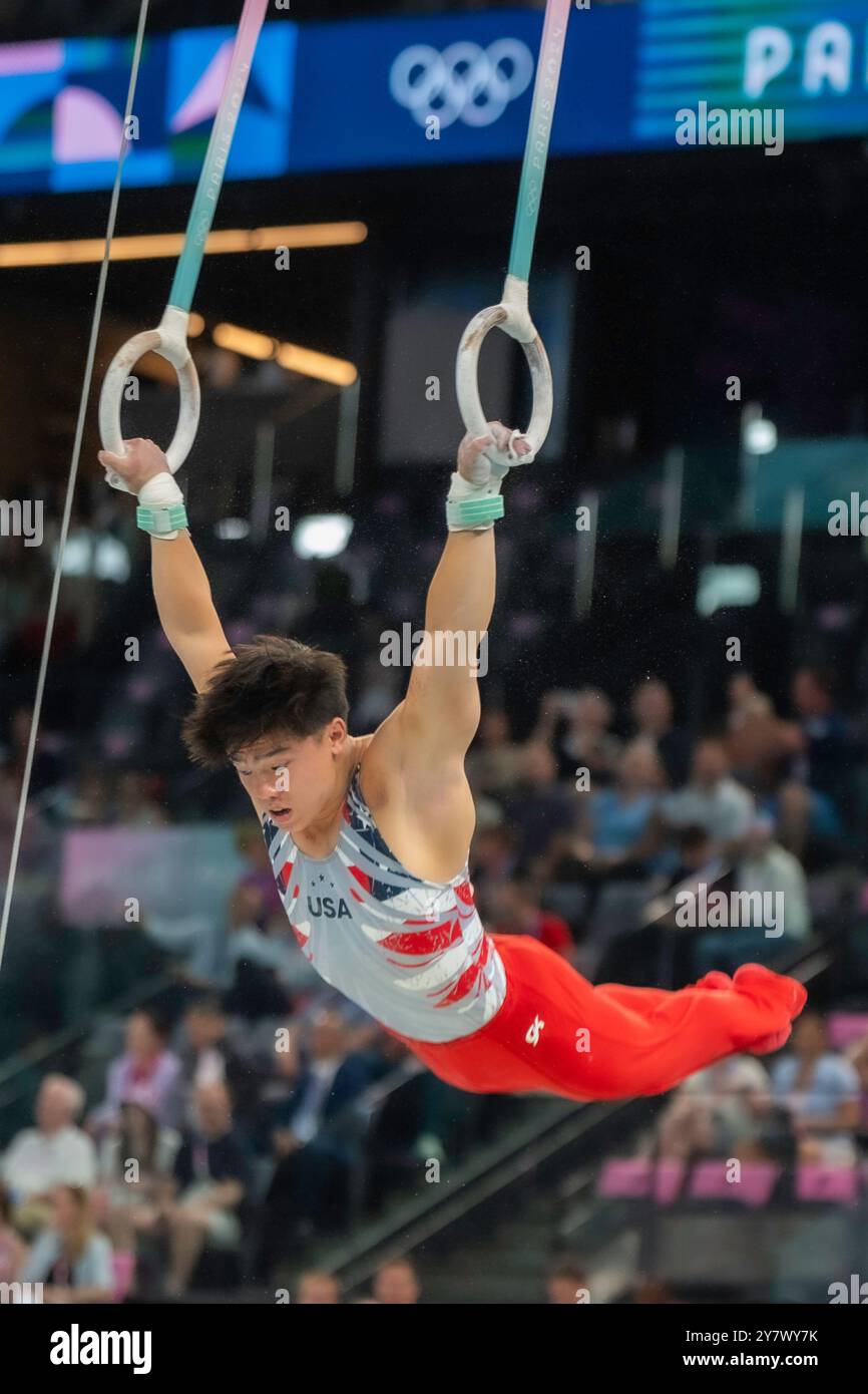 Asher Hong (USA) competing on the rings during the Artistic Gymnastics ...
