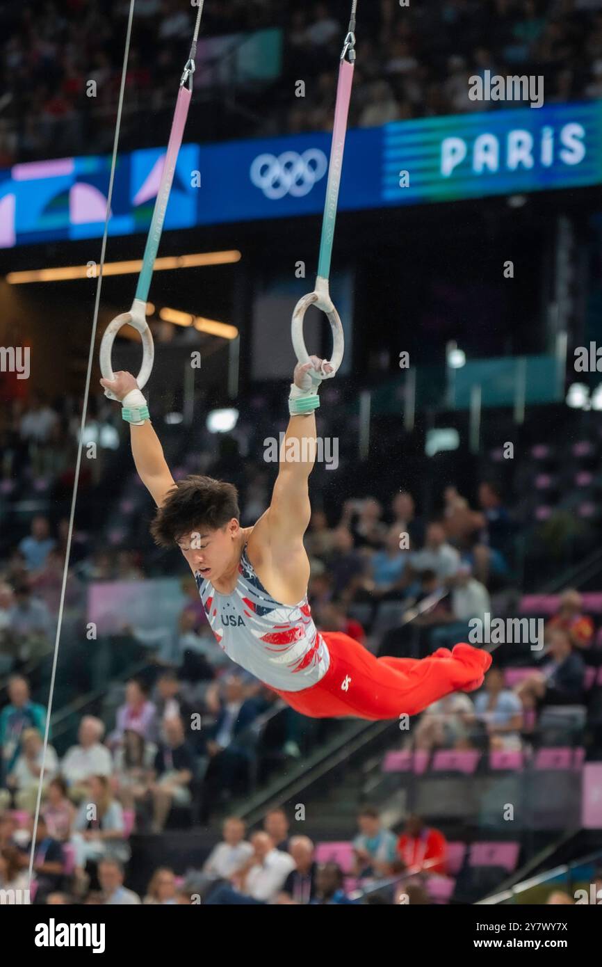 Asher Hong (USA) competing on the rings during the Artistic Gymnastics ...
