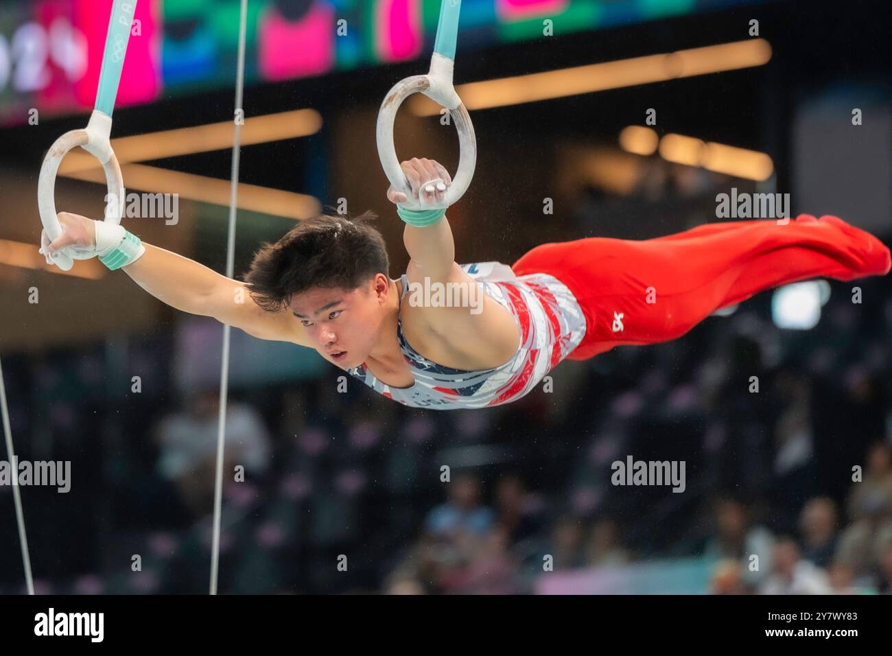 Asher Hong (USA) competing on the rings during the Artistic Gymnastics ...