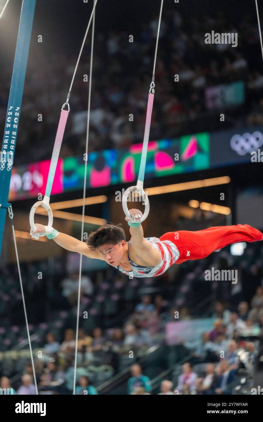 Asher Hong (USA) competing on the rings during the Artistic Gymnastics ...