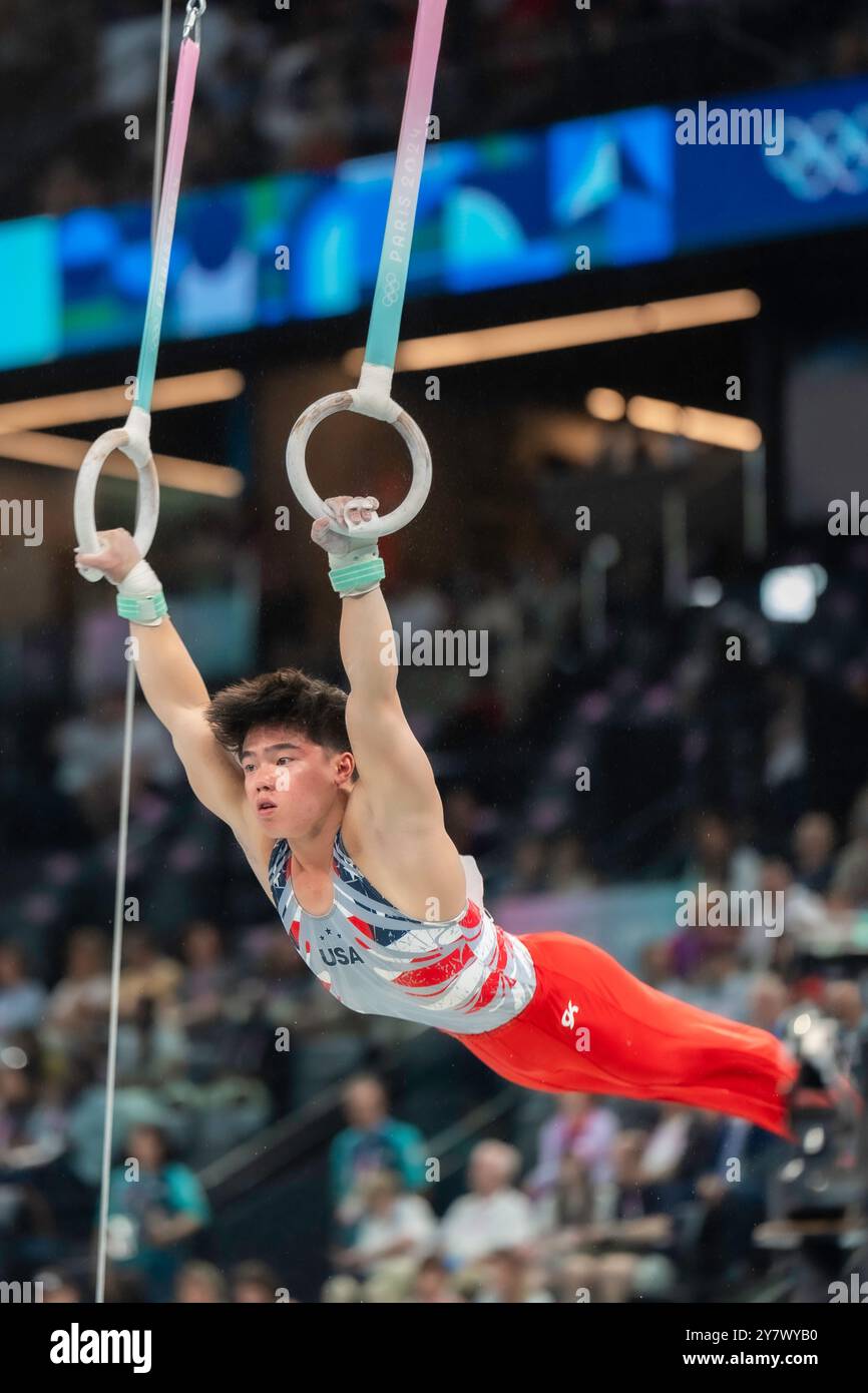 Asher Hong (USA) competing on the rings during the Artistic Gymnastics ...