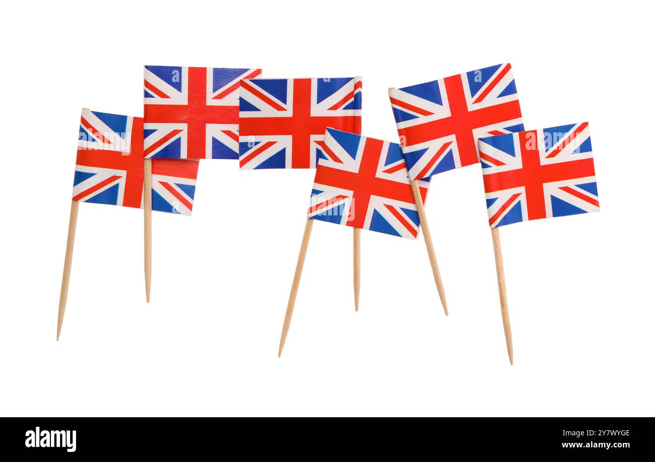 Small paper flags of United Kingdom isolated on white Stock Photo - Alamy