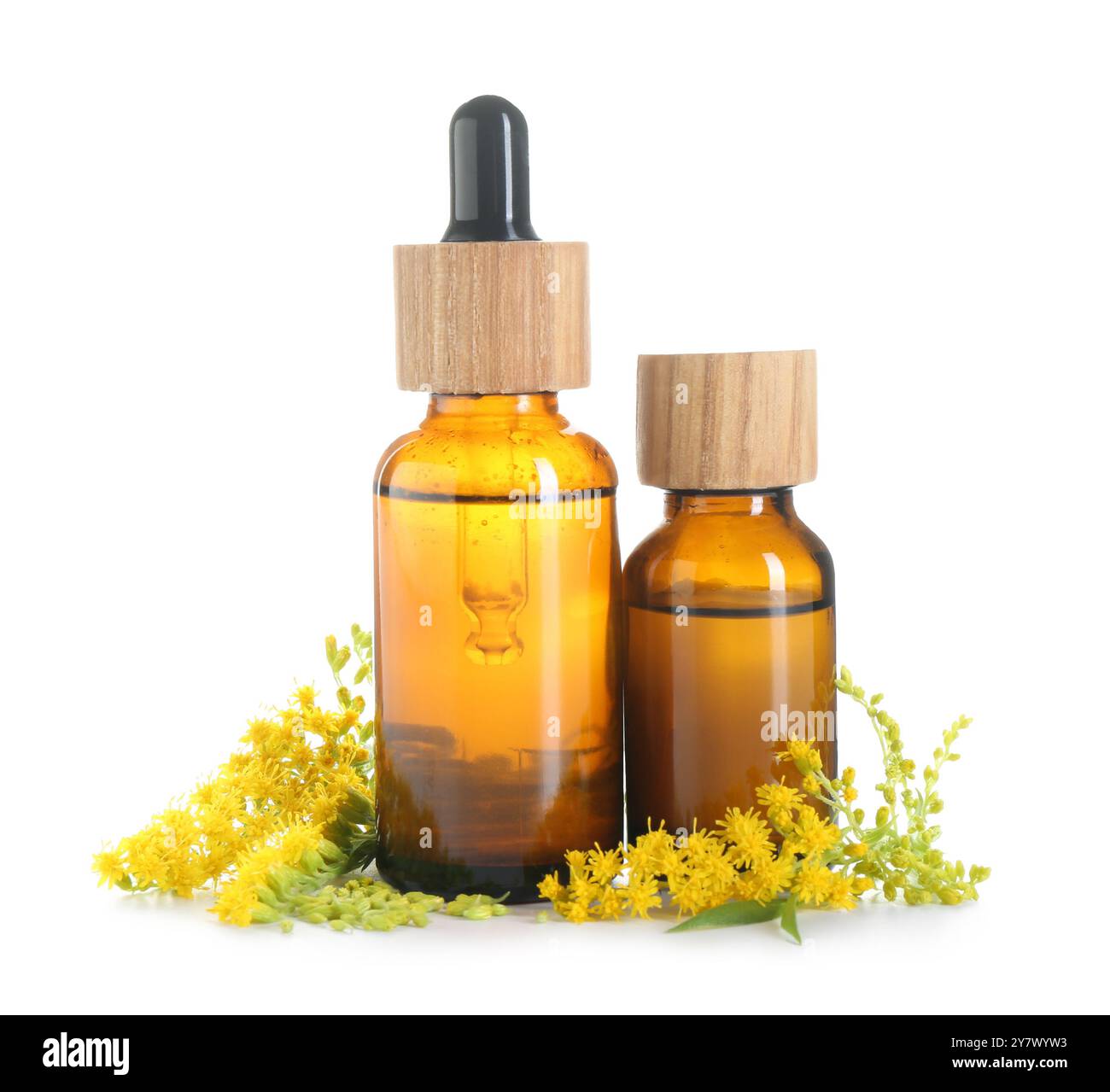 Bottles of tincture and goldenrods flowers isolated on white Stock ...