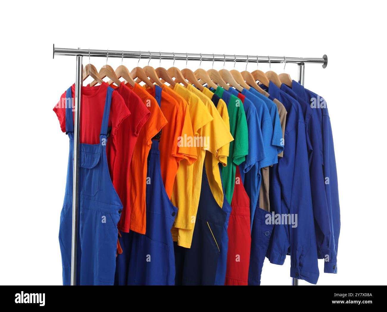 Different workers' uniforms on clothing rack isolated on white Stock ...