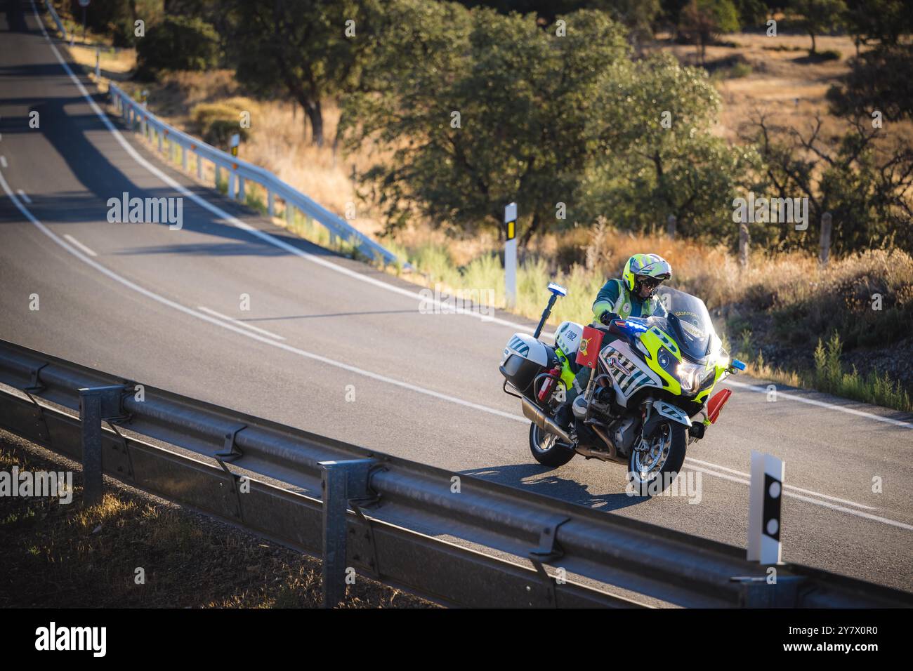 Civil Guard motorcycle on the road, traffic police in Spain Stock Photo ...
