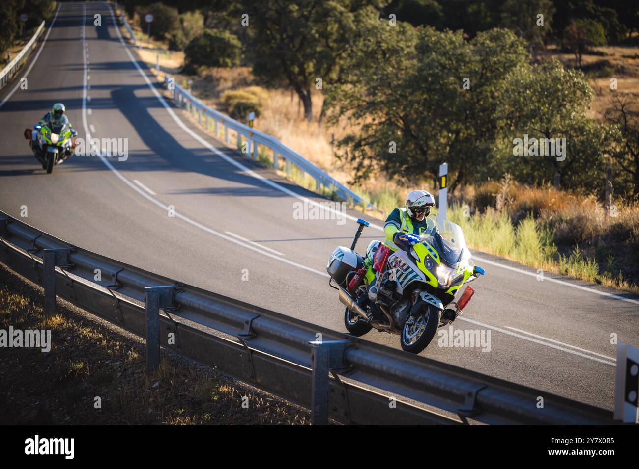 Civil Guard motorcycle on the road, traffic police in Spain Stock Photo ...