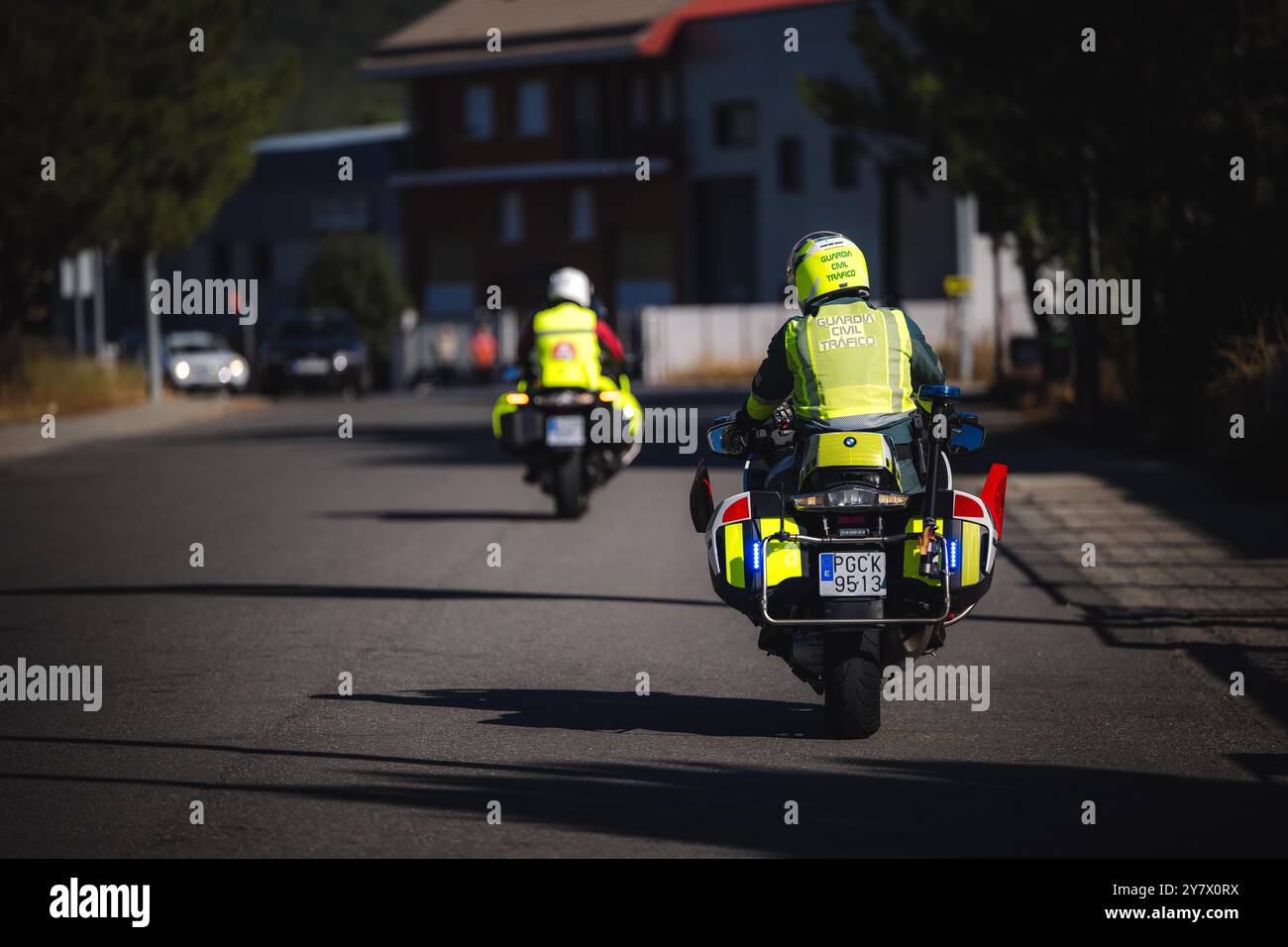 Civil Guard motorcycle on the road, traffic police in Spain Stock Photo ...