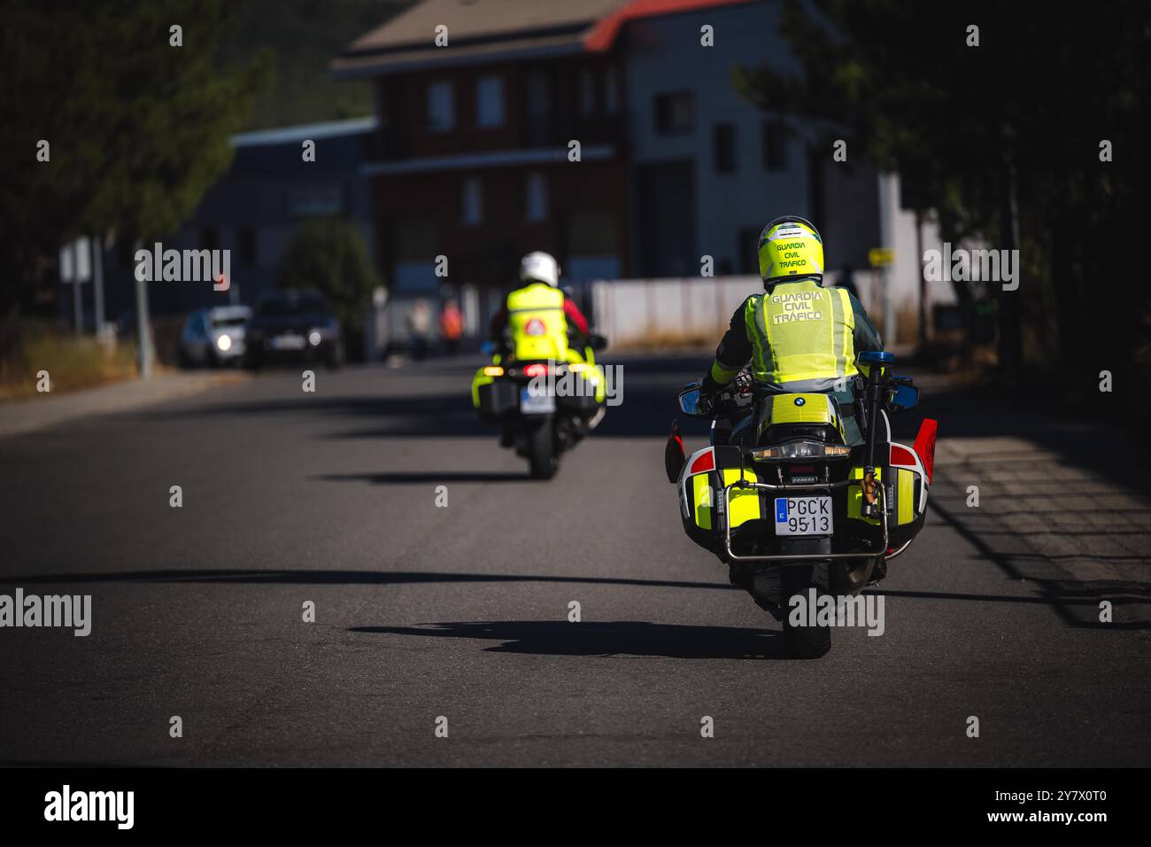 Civil Guard motorcycle on the road, traffic police in Spain Stock Photo ...