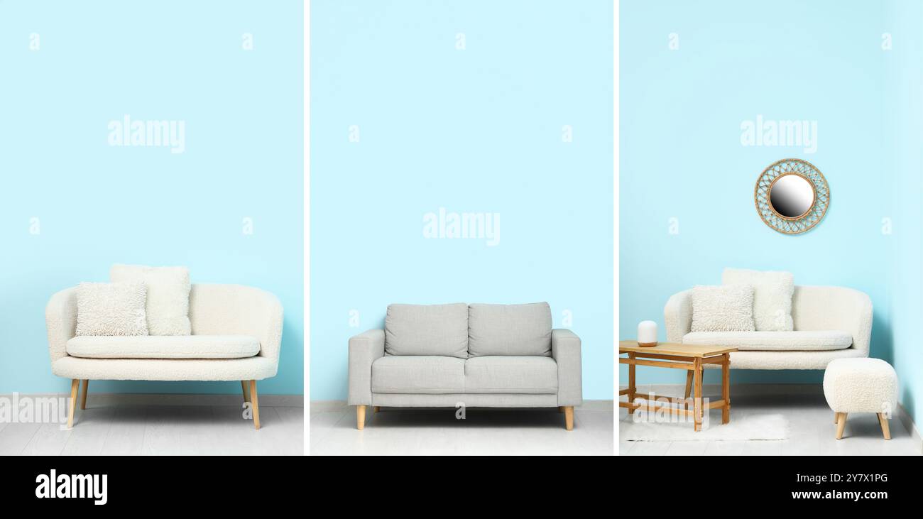 Collage of stylish sofas near blue wall in living room Stock Photo - Alamy