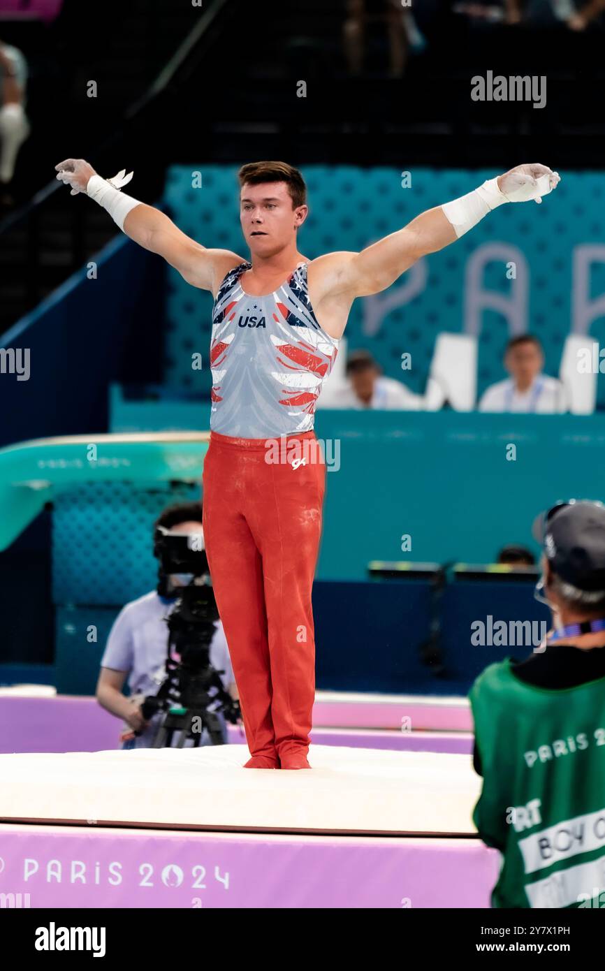 Brody Malone (USA) competing on the rings during the Artistic ...