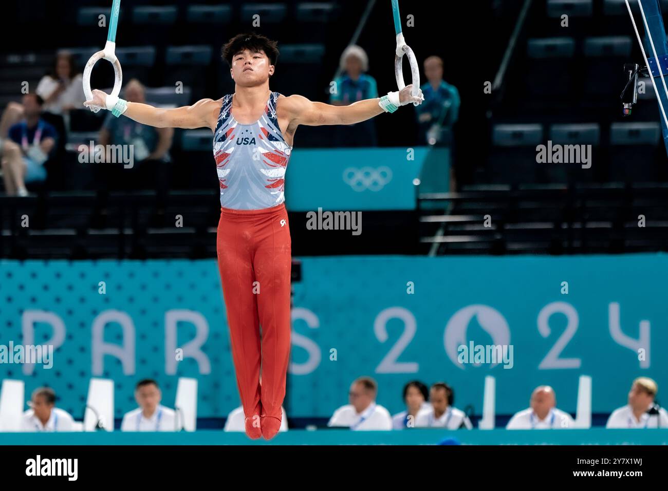 Asher Hong (USA) competing on the rings during the Artistic Gymnastics ...