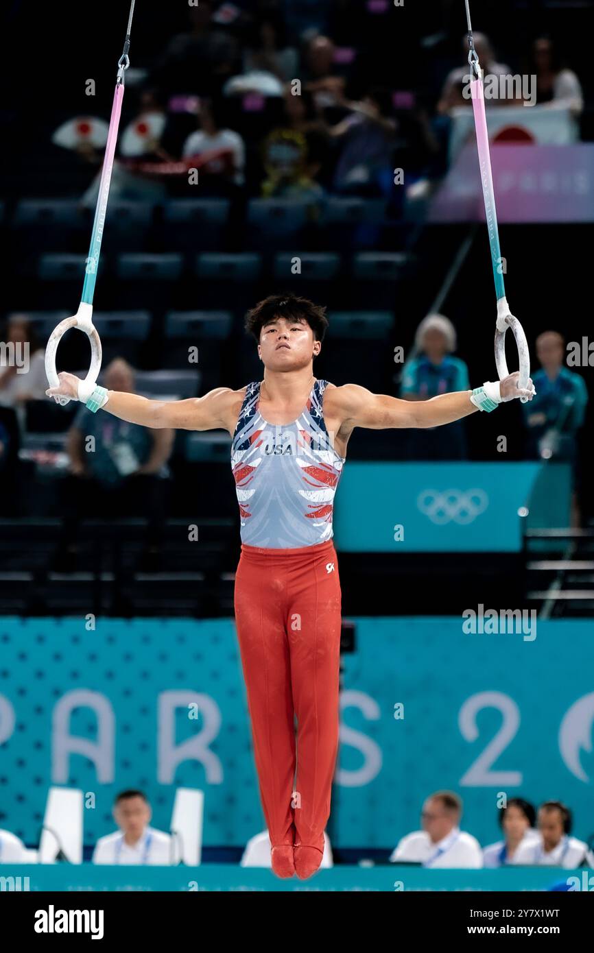 Asher Hong (USA) competing on the rings during the Artistic Gymnastics ...