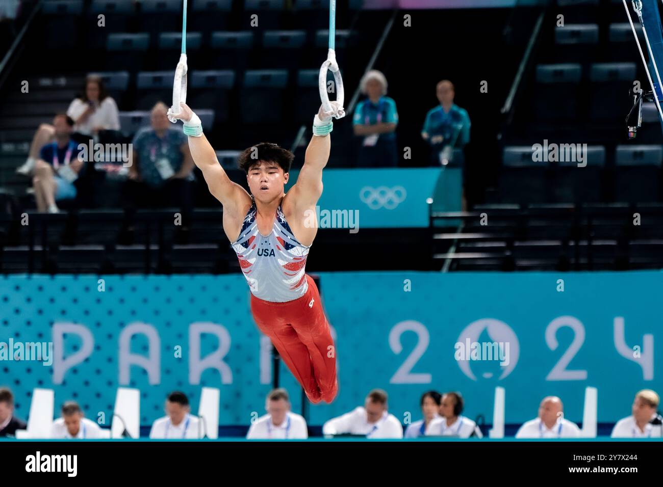 Asher Hong (USA) competing on the rings during the Artistic Gymnastics ...