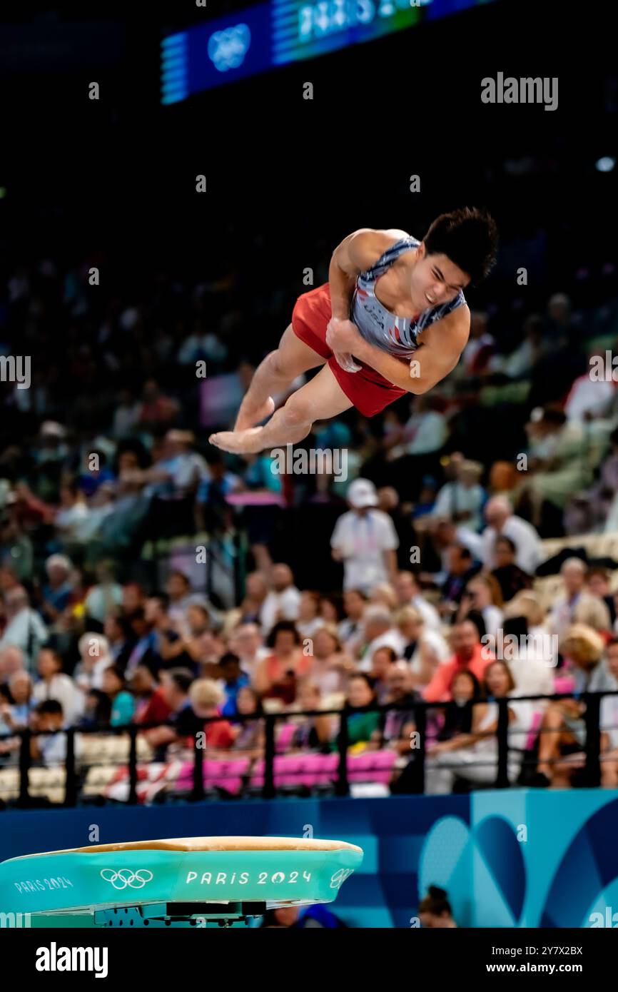 Asher Hong (USA) competing on the vault during the Artistic Gymnastics ...