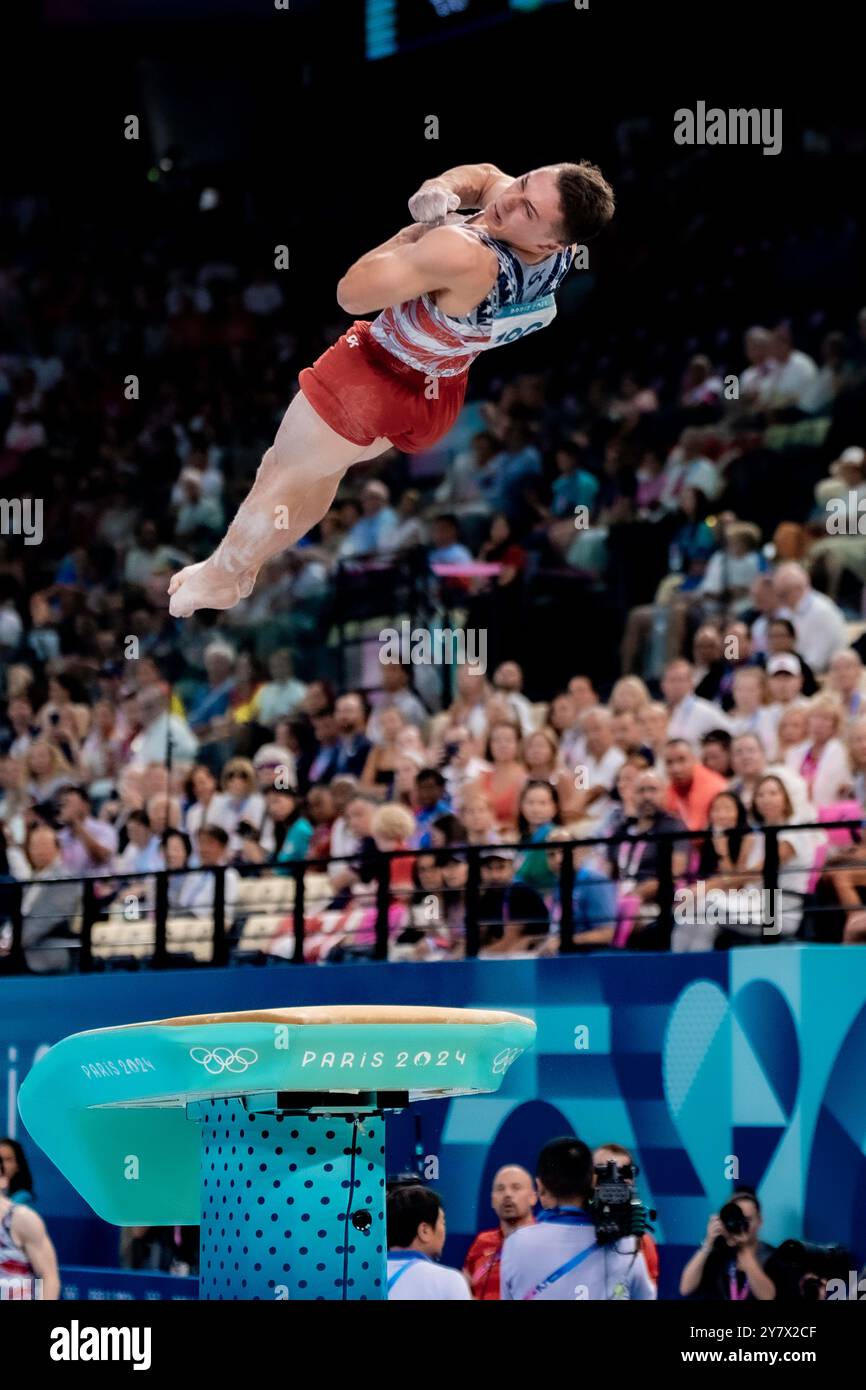 Paul Juda (USA) competing on the vault during the Artistic Gymnastics ...