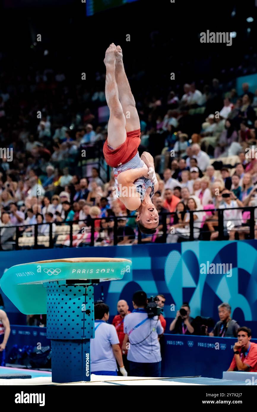 Paul Juda (USA) competing on the vault during the Artistic Gymnastics ...