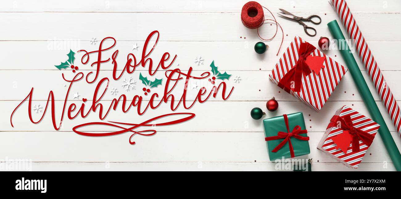 Greeting card with text FROHE WEIHNACHTEN (German for Merry Christmas ...