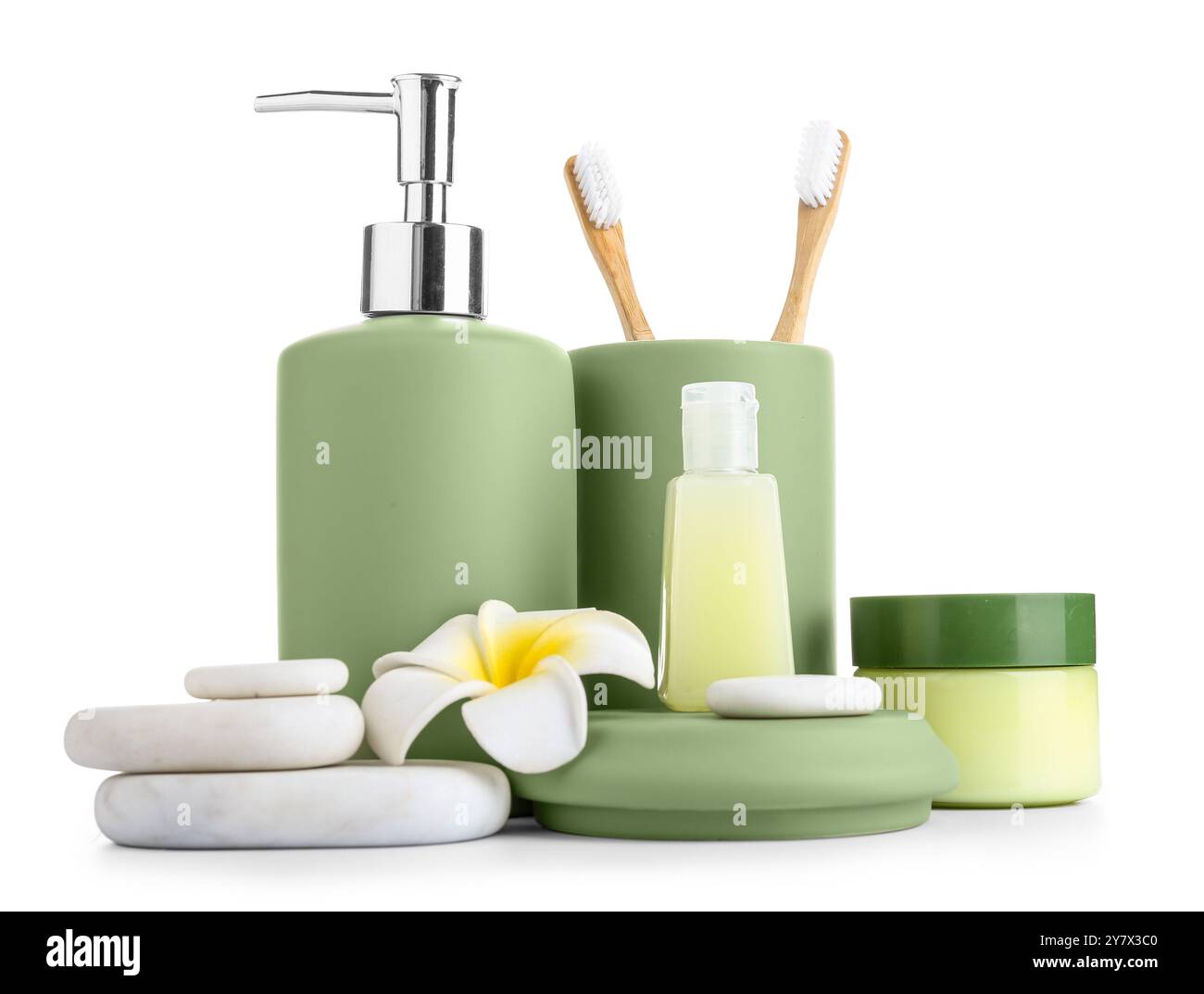 Set of bath supplies with stones and plumeria on white background Stock ...