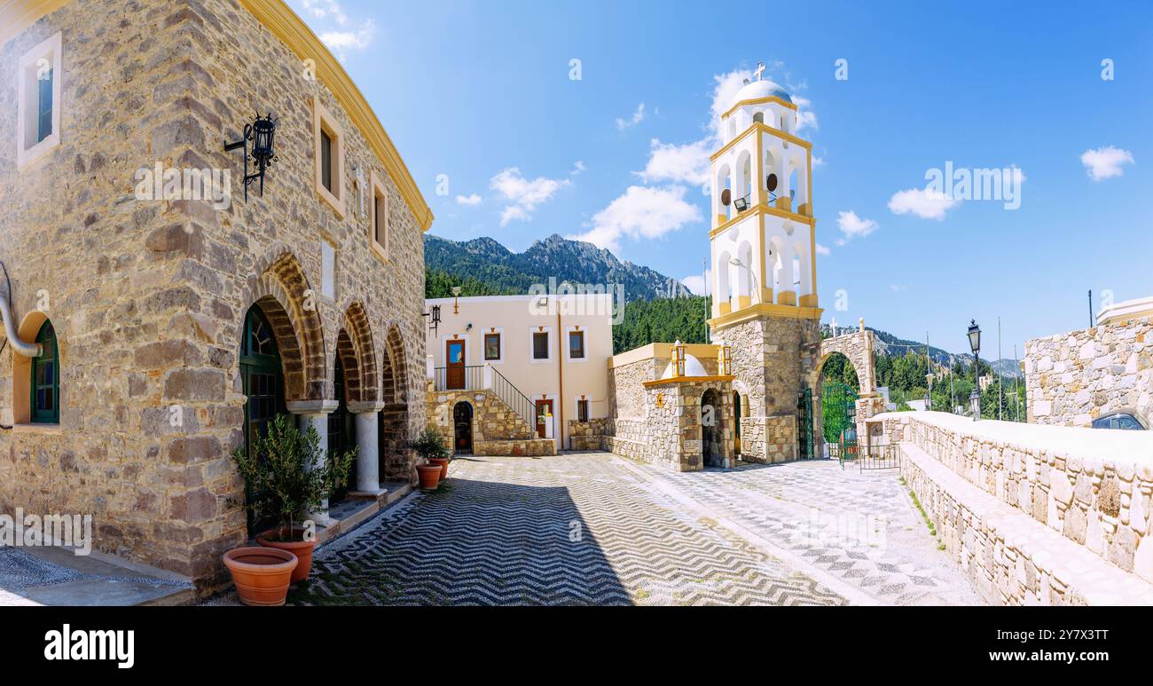 Village church and bell tower of Asomatos in Asfendiou on the island of ...