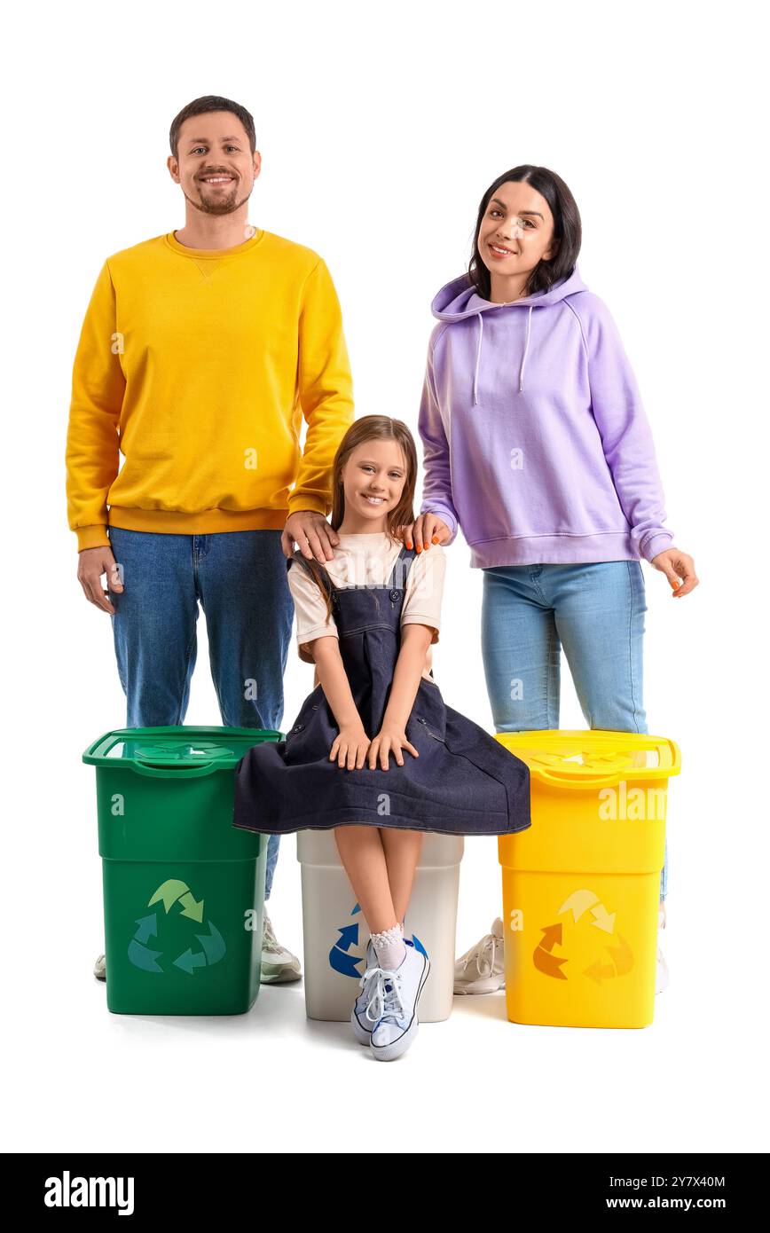 Family with recycle bins on white background Stock Photo - Alamy