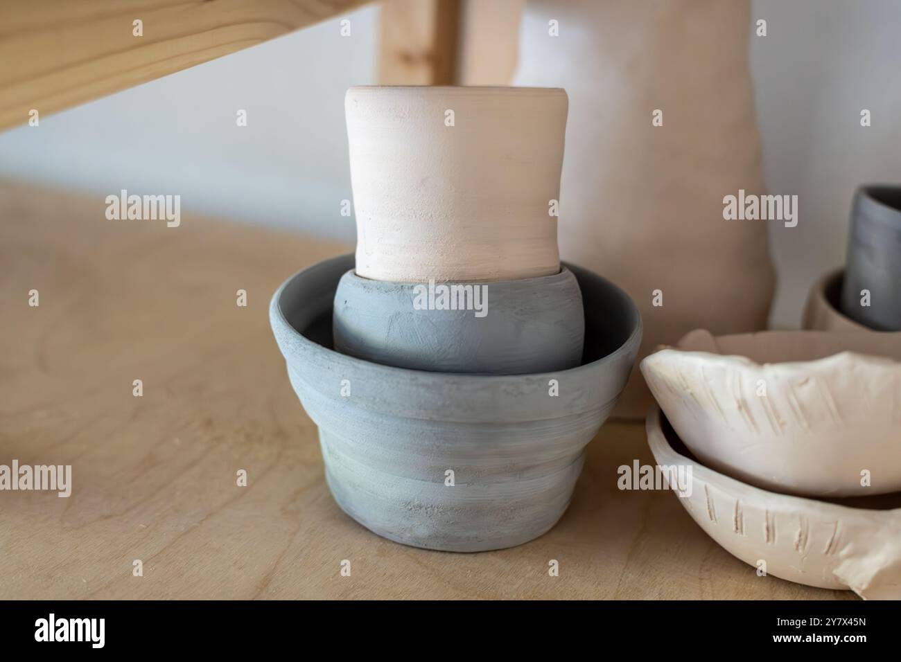 Samples of ceramic art objects and tabelware made on workshop in art ...