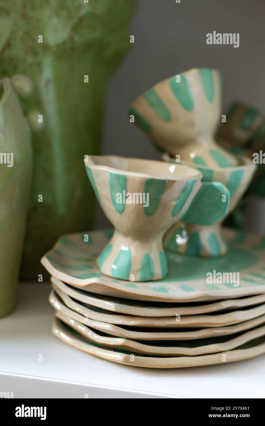 Samples of ceramic art objects and tabelware made on workshop in art ...