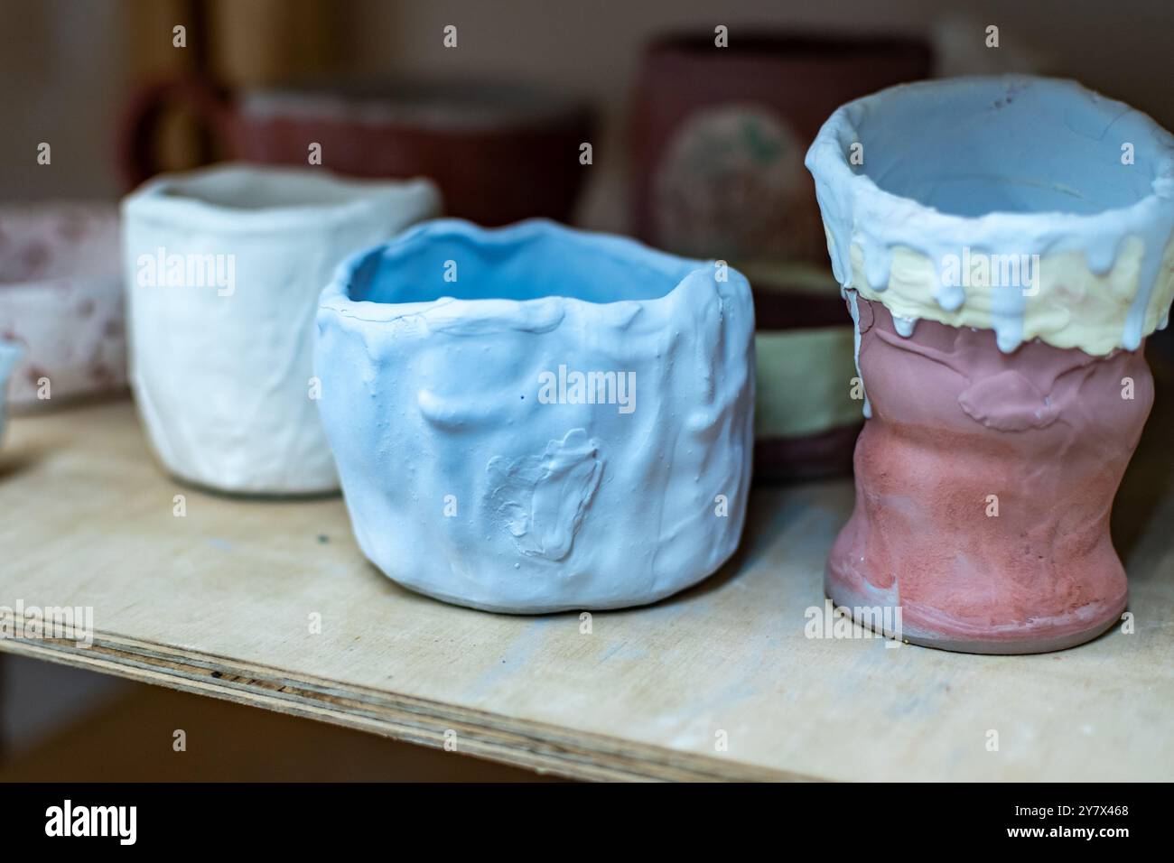 Samples of ceramic art objects and tabelware made on workshop in art ...