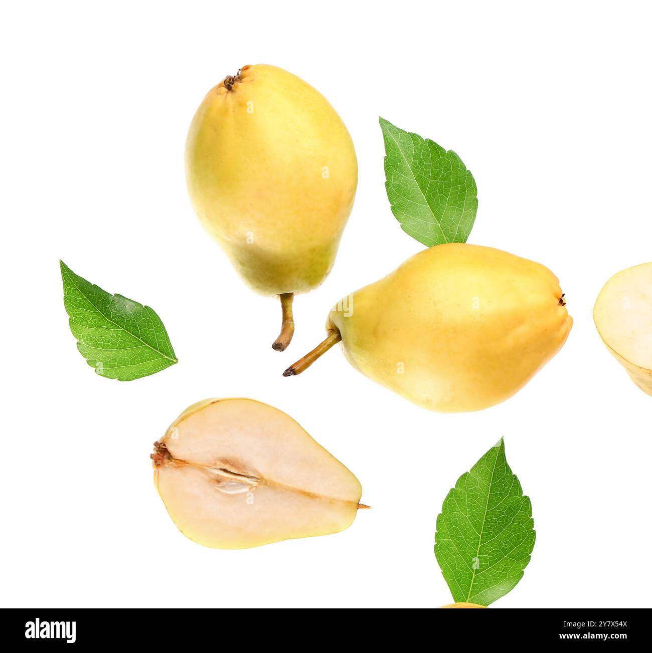 Flying fresh pears and leaves on white background Stock Photo - Alamy