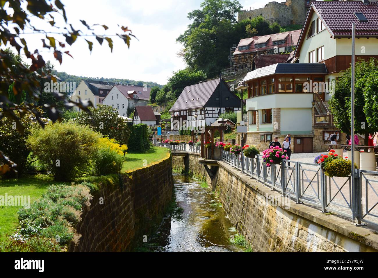 View of German village with beautiful houses and river Stock Photo - Alamy