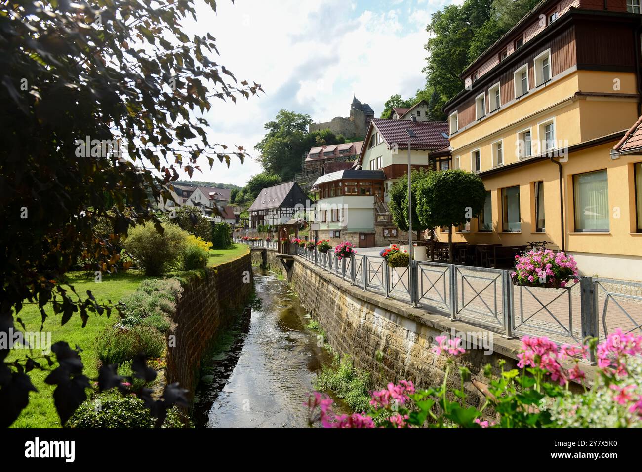 View of German village with beautiful houses and river Stock Photo - Alamy