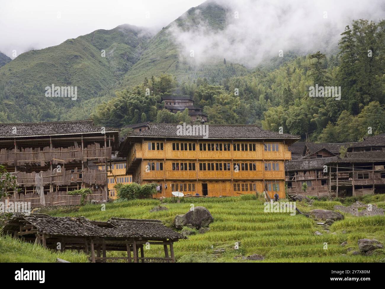 Old and new wood homes in a Red Yao village near Guilin, China Stock ...