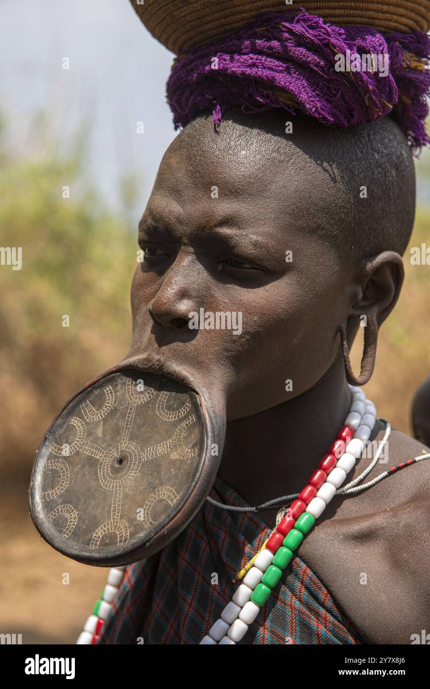 Mursi woman with lip plate in the Lower Omo Valley of Ethiopia. The ...