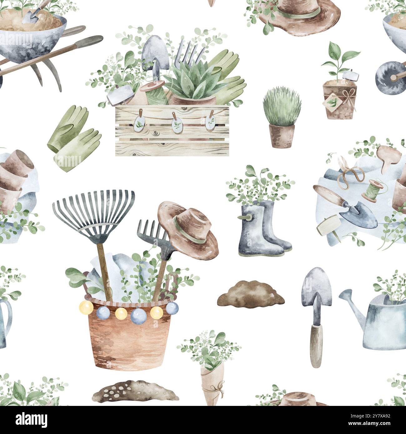 Watercolor seamless gardening Pattern with instrument and garden tools ...