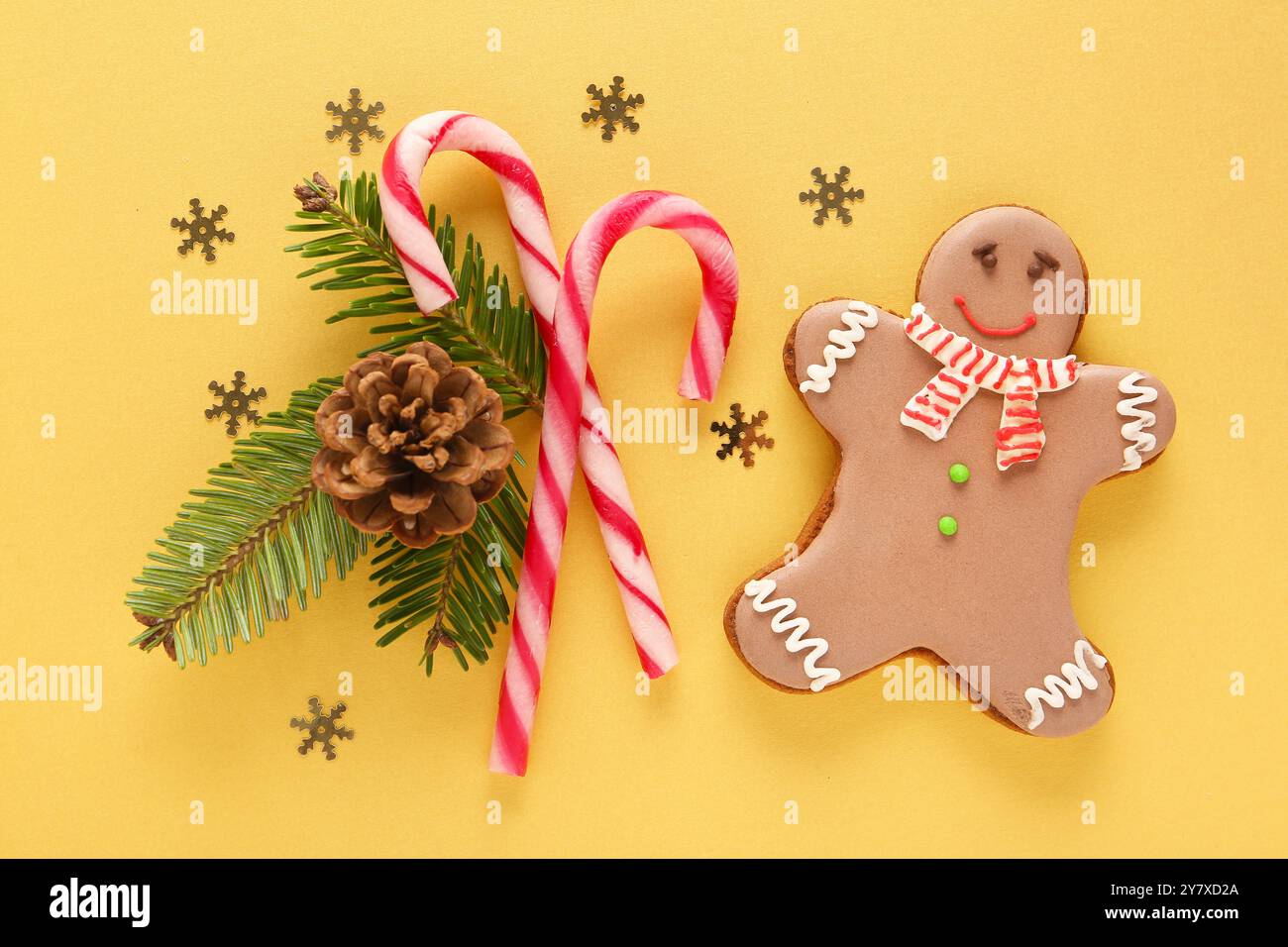 Christmas composition with tasty gingerbread man, candy canes and fir ...